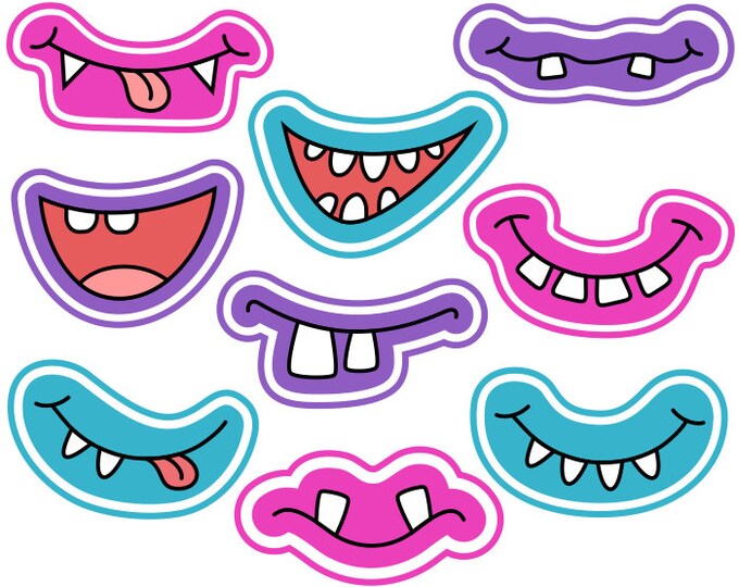 Girly Monster Grins Digital Clip Art, Cute Monster Smiles, Girlish ...
