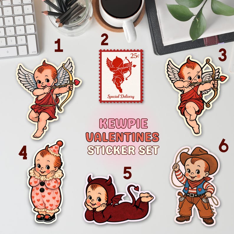 Kewpie Valentines Sticker Set - Set of 6 Valentine Gift Stickers - Etsy