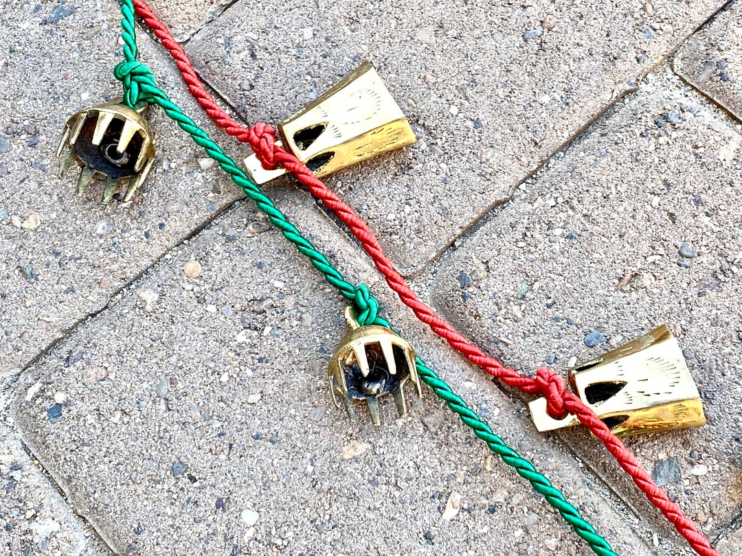 2 Strands Brass Bells. Vintage. Holiday Red, Green Ropes. Small, Ornate ...