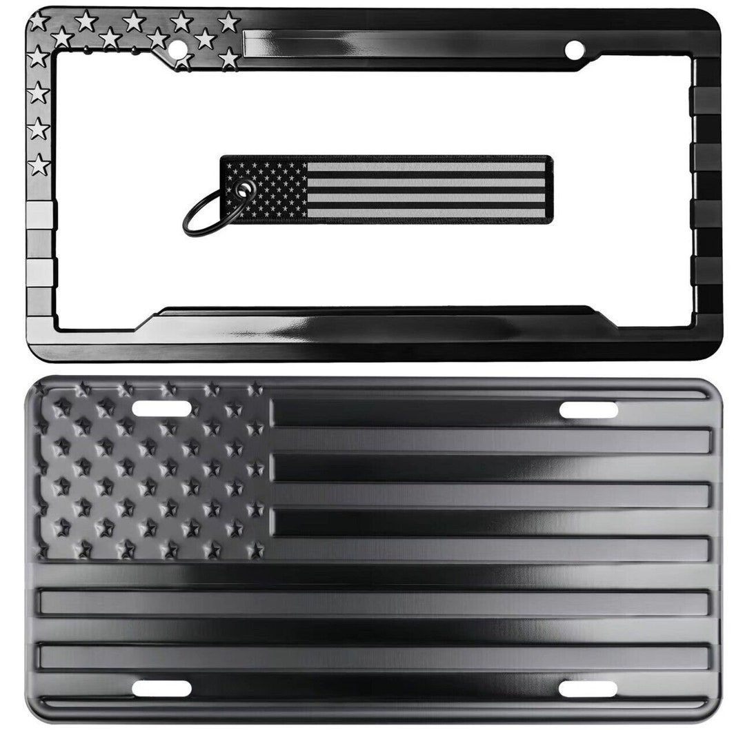 American Flag Embossed License Plate & Frame Key Chain Combo Set Black ...