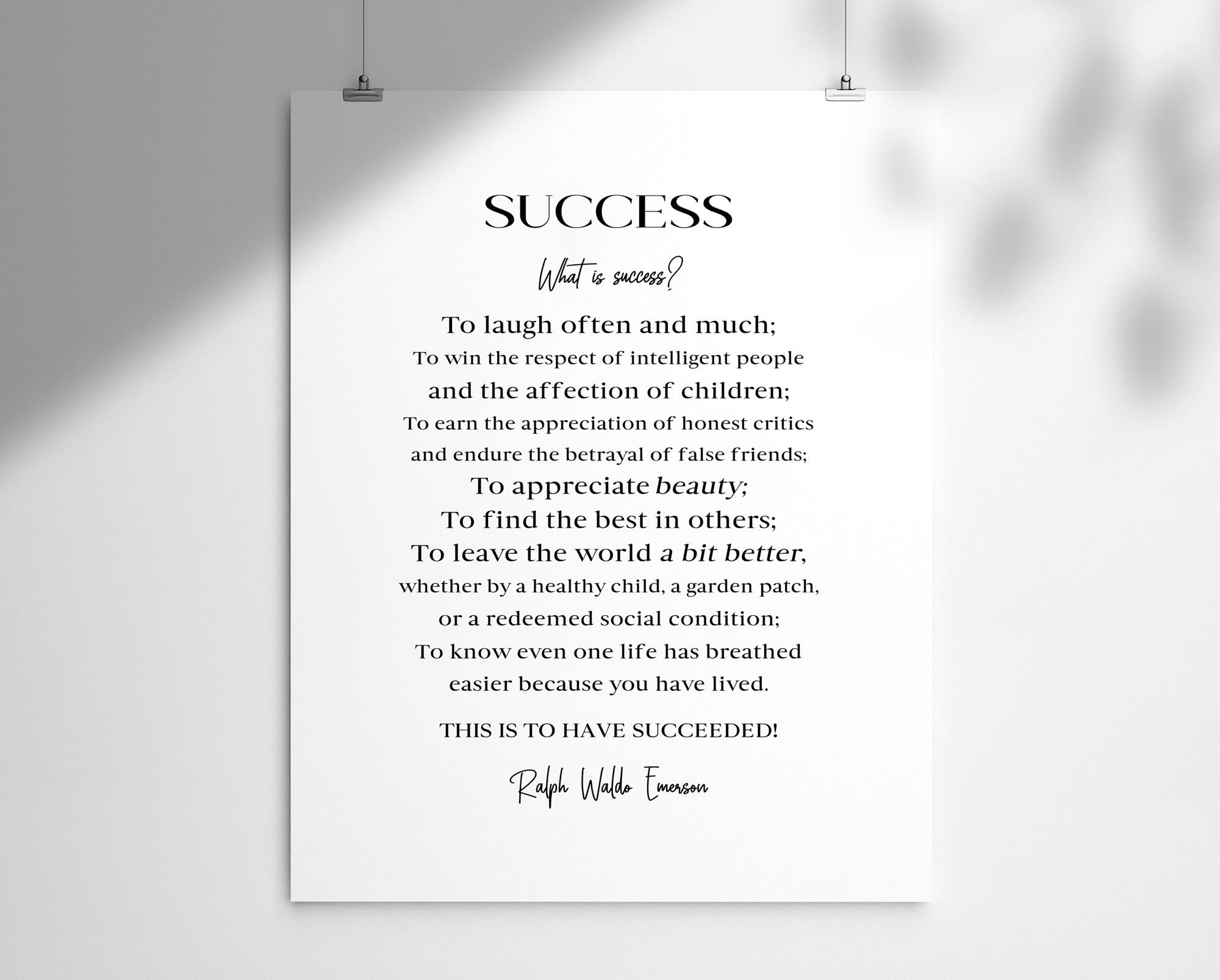 Success Poem by Ralph Waldo Emerson Printable Quote -INSTANT DOWNLOAD ...