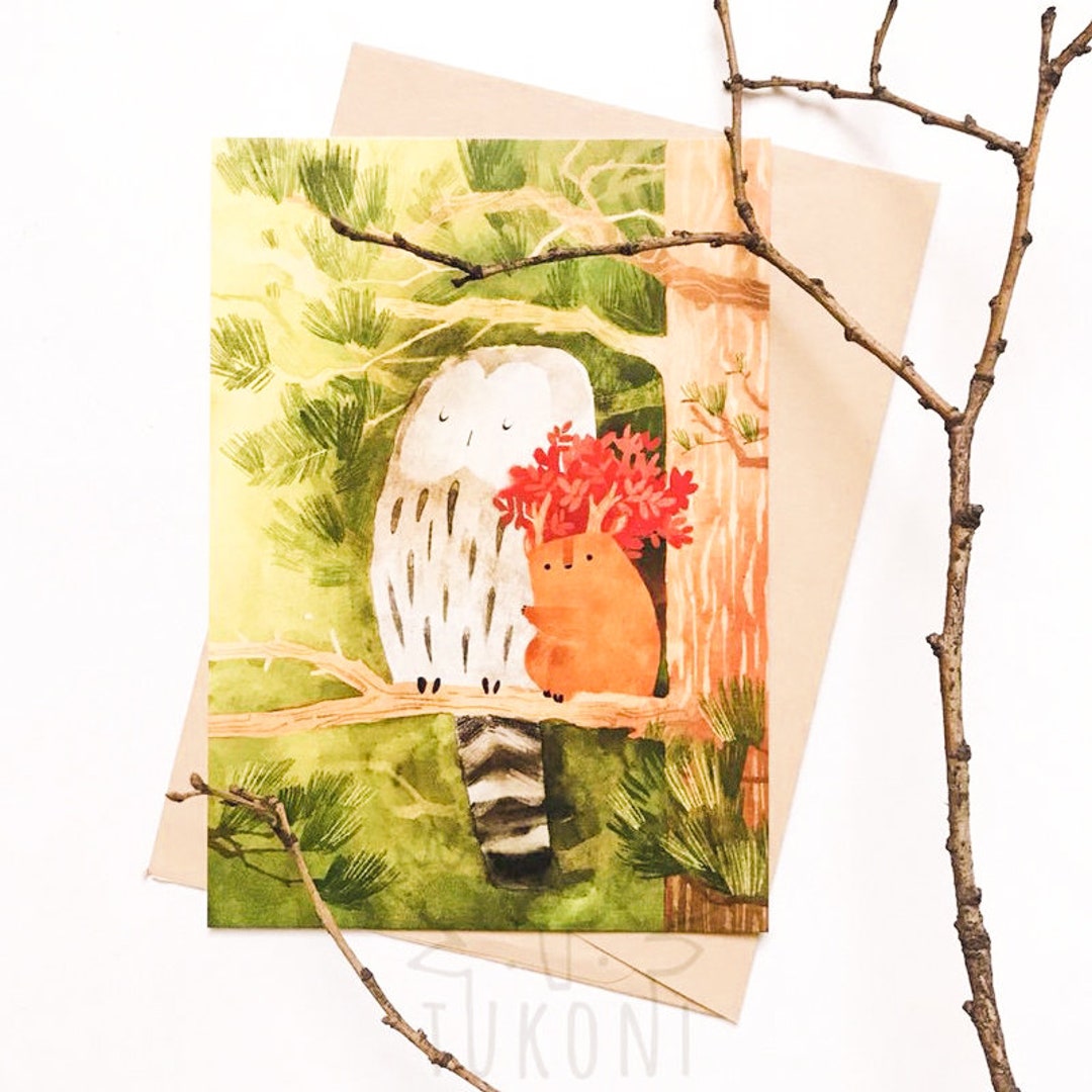 Owl and Tukoni Postcard, Watercolor Postcard Illustration, Greeting ...