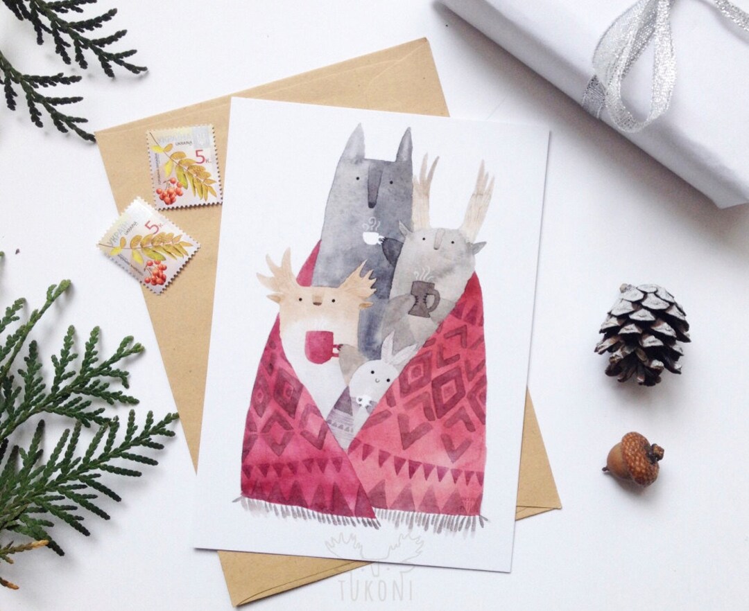 Cozy Postcard, Cute Animal Postcard, Cozy Winter Postcard Animal ...