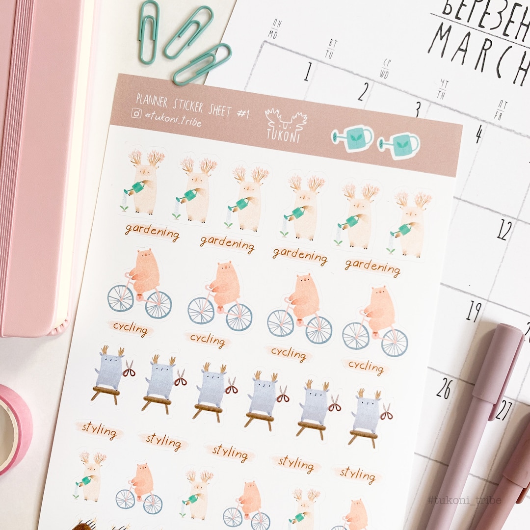 Cute Animal Planner Stickers, Gardening, Cycling, Styling (A5 Matte ...