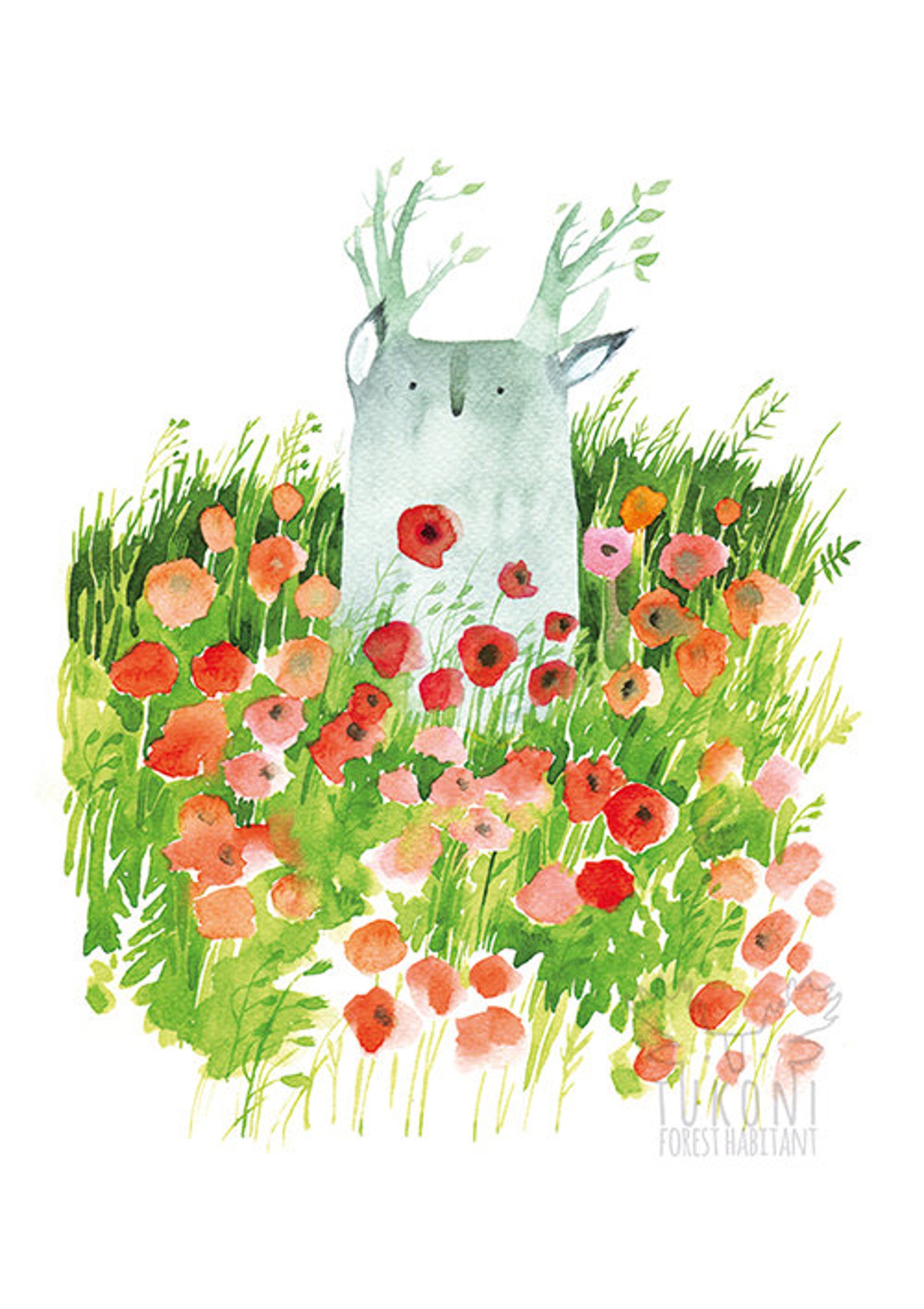 Animal art print Tukoni among the poppy Animal poster Deer art | Etsy