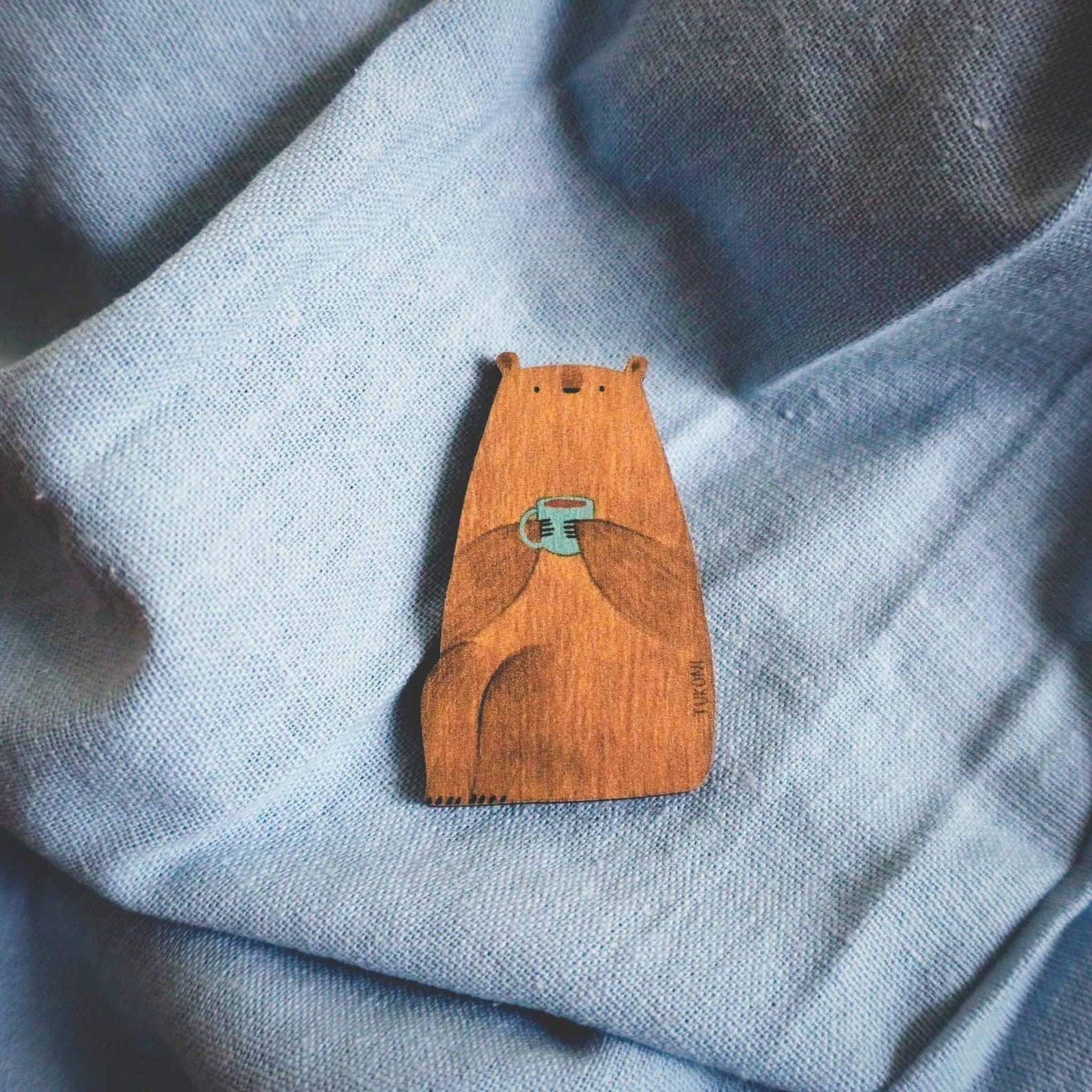 Bear Brooch Wooden Brooch Cute Bear With Cup Bear Having | Etsy