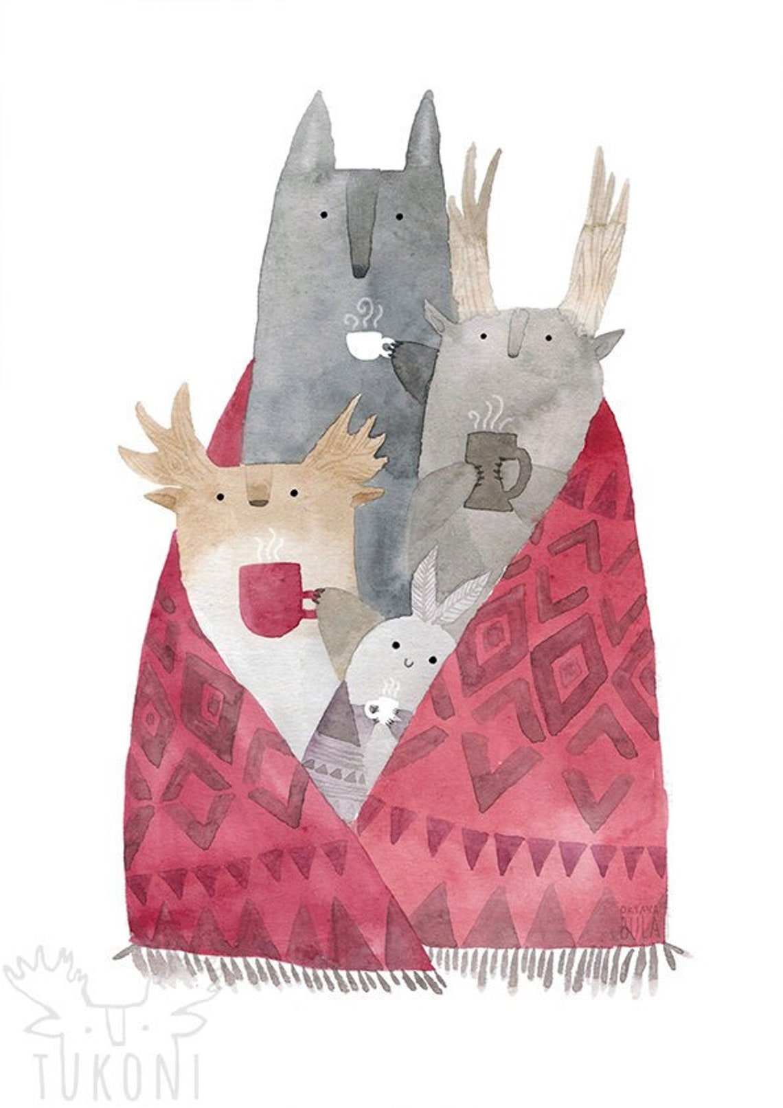 Tukoni and Friends Drink Tea Poster A4/a3 Animal Art Print Animal ...