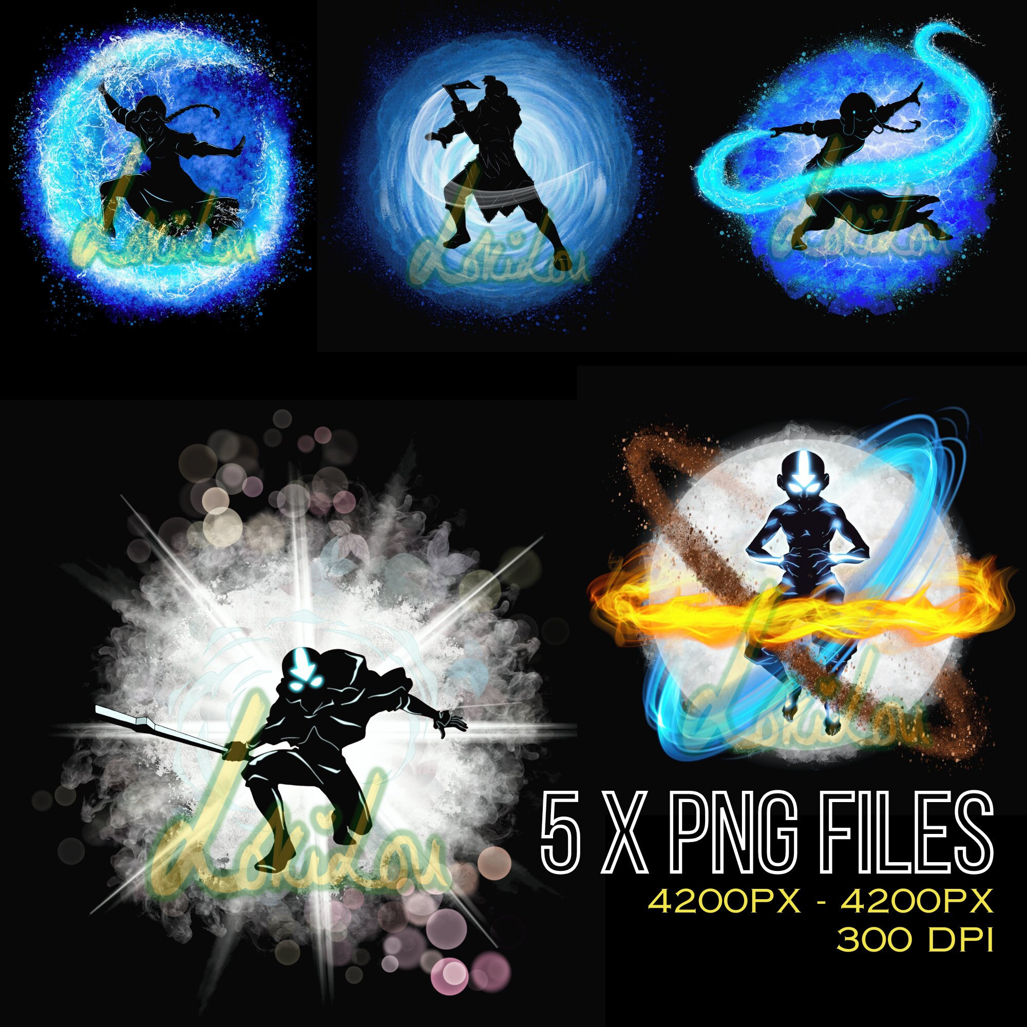 9 X Cartoon Elemental Bender Character Bundle PNG Digital Prints, DTF ...