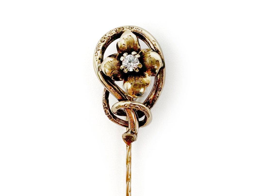 Antique 14k Gold Love Knot Stick Pin With Flower and 3mm Diamond Groom ...