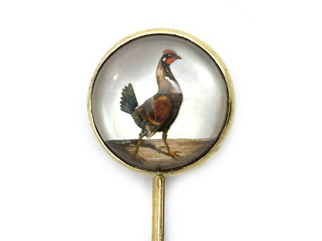 Antique Rooster Stick Pin Reverse Intaglio 14k Gold Rock Crystal Malay ...
