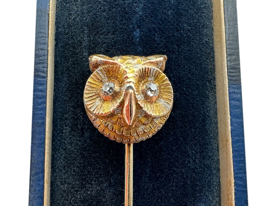 Owl Stick Pin, Tri-color 14k Gold and Old European Cut Diamonds ...
