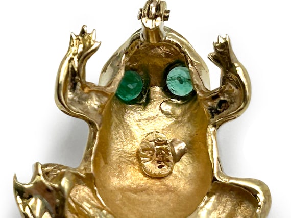 Vintage 14k Gold Frog Brooch Pendant Natural Emerald … - Gem