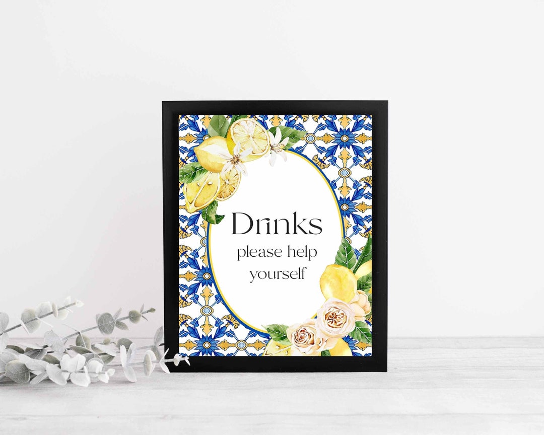 Lemon Drinks Sign Positano Blue Tiles Citrus Bridal Shower Sign ...