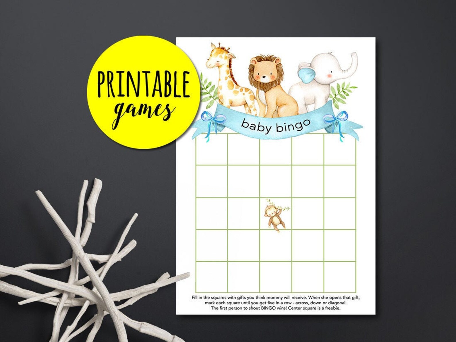 Jungle bingo baby shower game printable Elephant Lion | Etsy