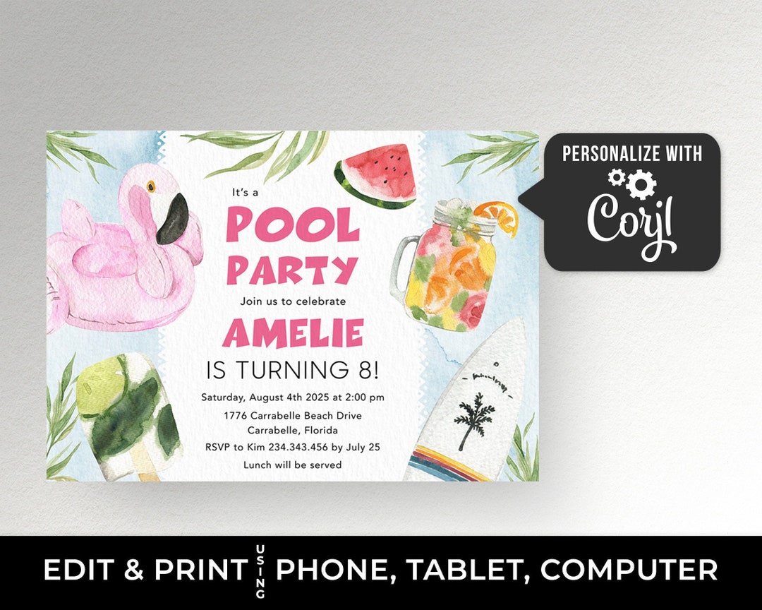 Pool Party Birthday Invitation Tropical Summer Birthday Invite - Etsy