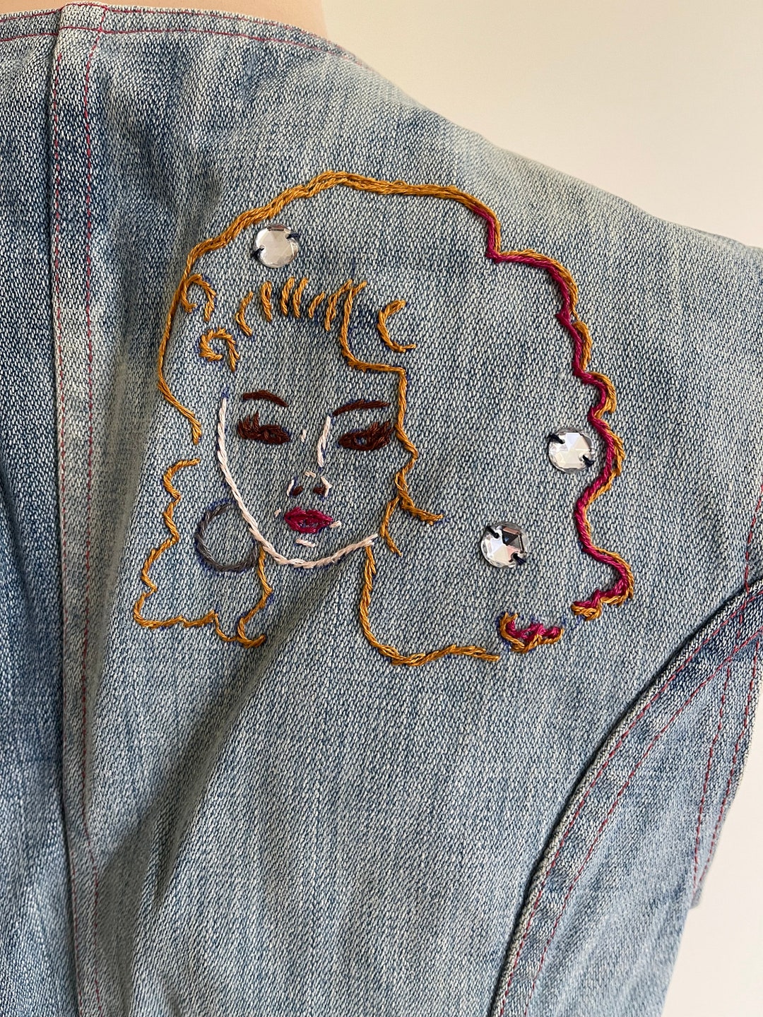 70s Style Hand Embroidered Rhinestone Denim Vest With Retro Lady Design ...