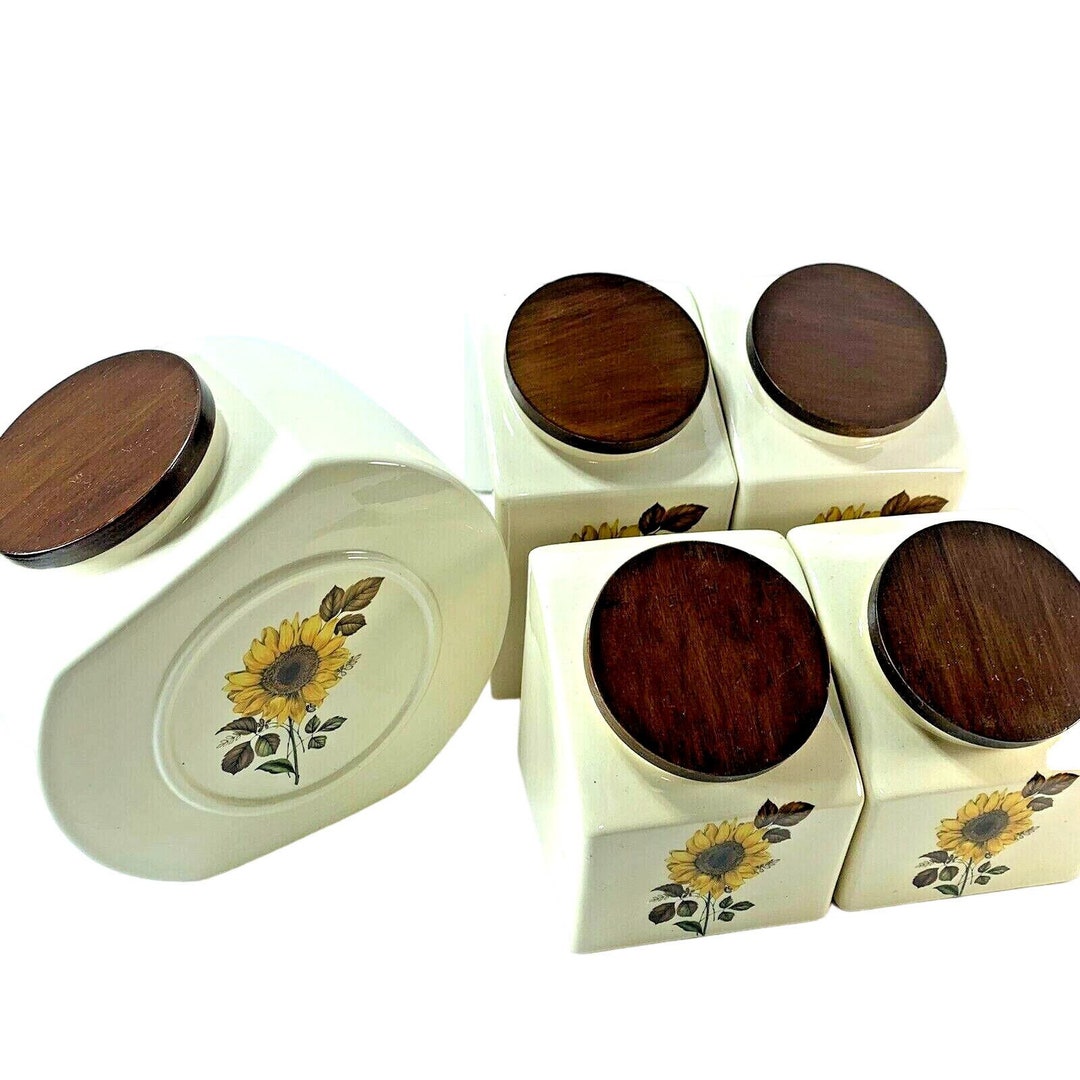 Set 5 Sunflower Ceramic Canisters Hydyn 1995 Floral Wood Lids USA 90s ...