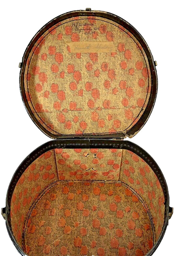 Antique Black Train Case Hat Box Round Carry on Suitc… - Gem