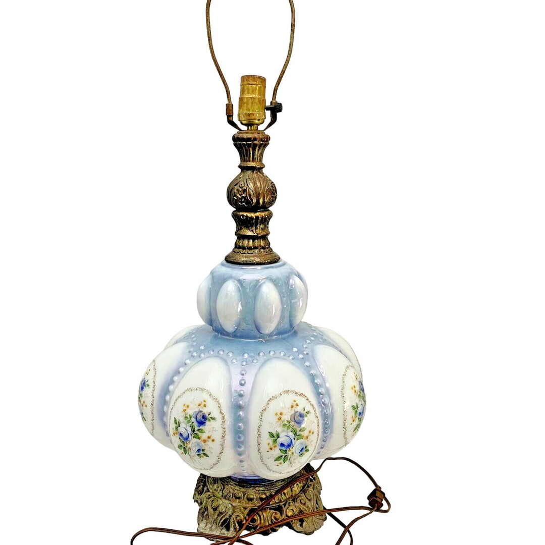 Table Parlor Lamp Bubble Glass Metal 3 Way Light Blue Rose Floral ...