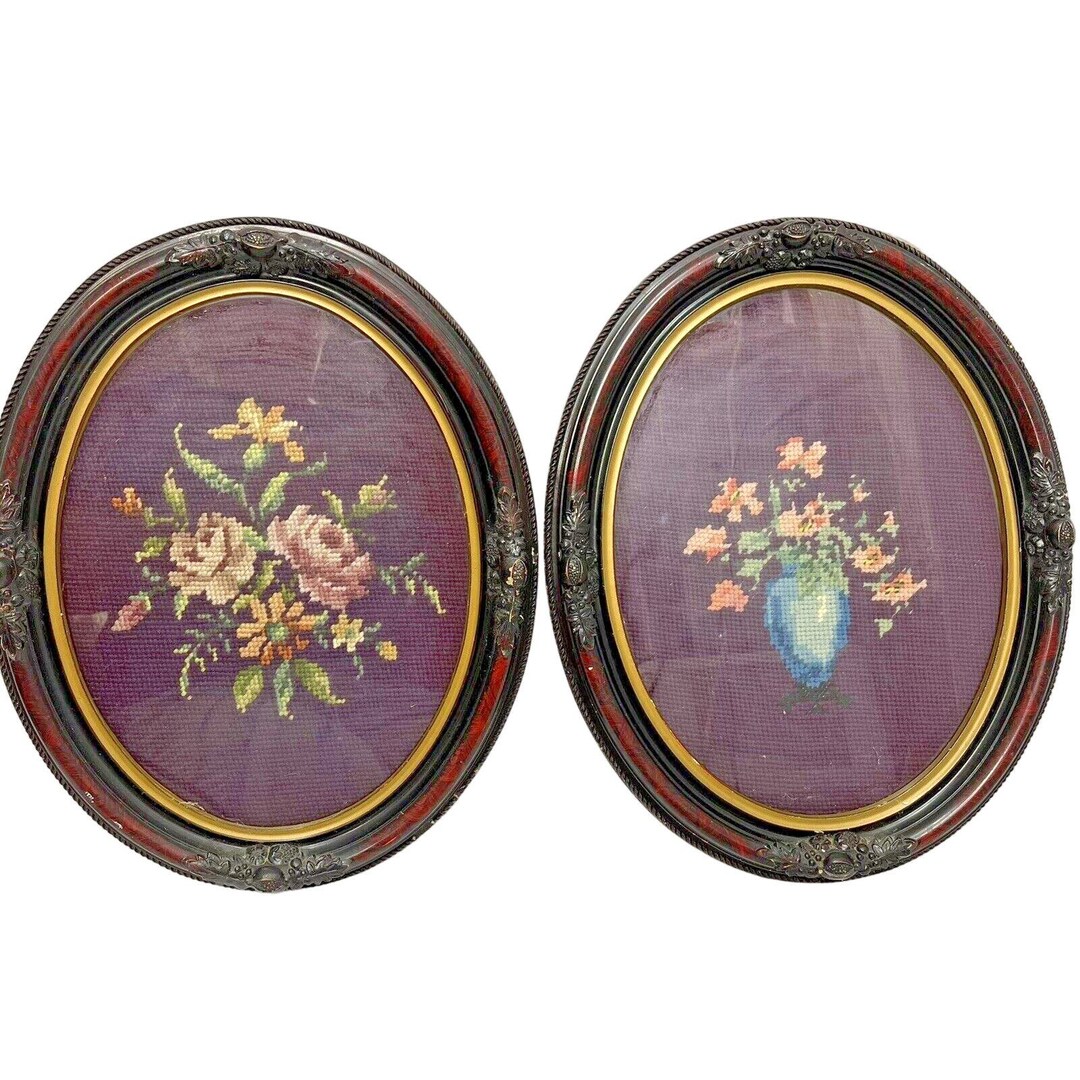 2 Crewel Botanical Rose Floral Oval Chippy Wood Framed 11x14 Chippy ...