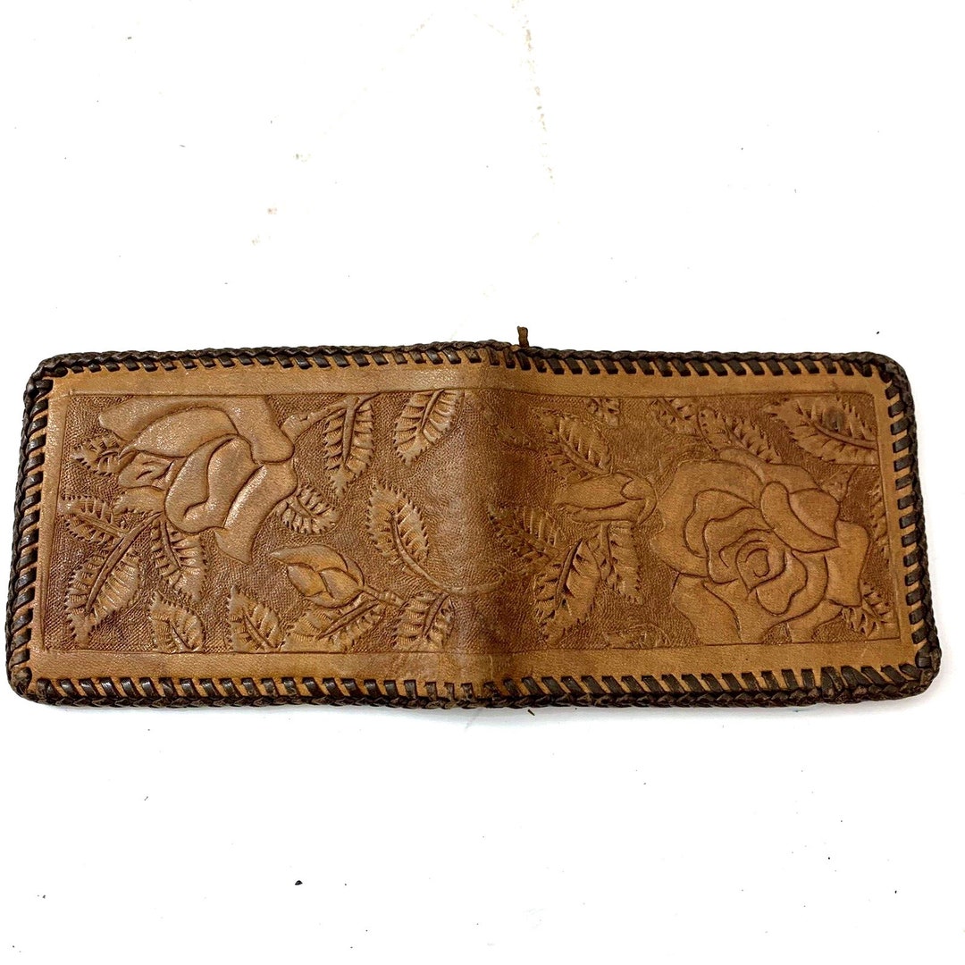 Hand Tooled Leather Mens Western Bifold Wallet Floral Roses Brown Coin ...