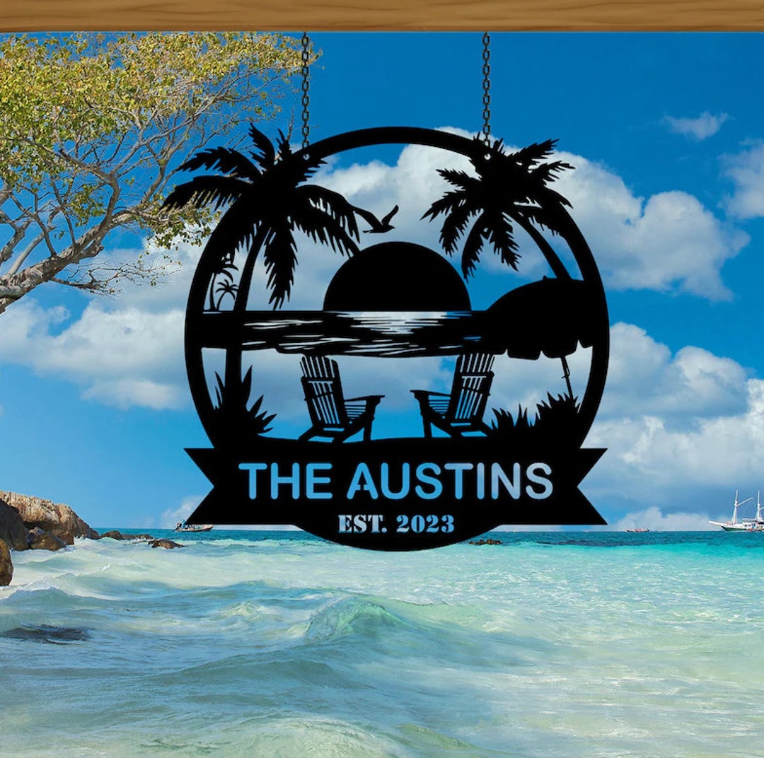 Personalized Beach Sunset Monogram Sign, Lake House Sign, Nautical ...