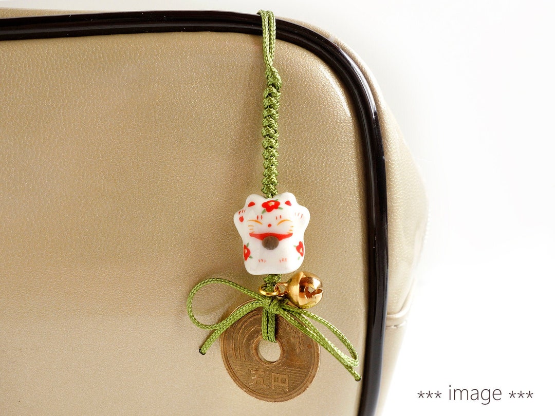 Lucky Cat and Purified & Prayed 5 Yen Lanyard. Hanging Bell Ring Goen ...
