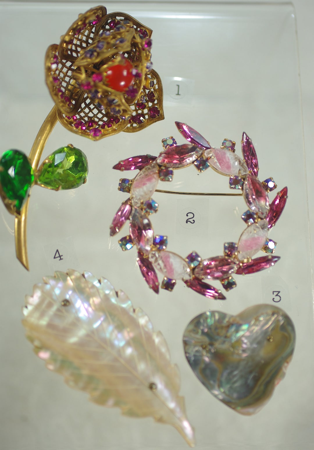Vintage Pink Rhinestone Juliana Style Flower and Shell Brooch Lot ...