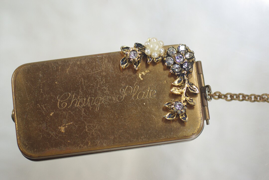 Retro Charge Plate Rhinestone Box, Rhinestone Pearl Brass Box, Vanity ...