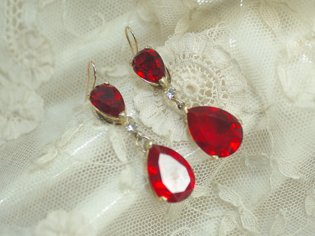Vintage Red Rhinestone Teardrop Dangle Earrings, Holiday Valentines Day ...