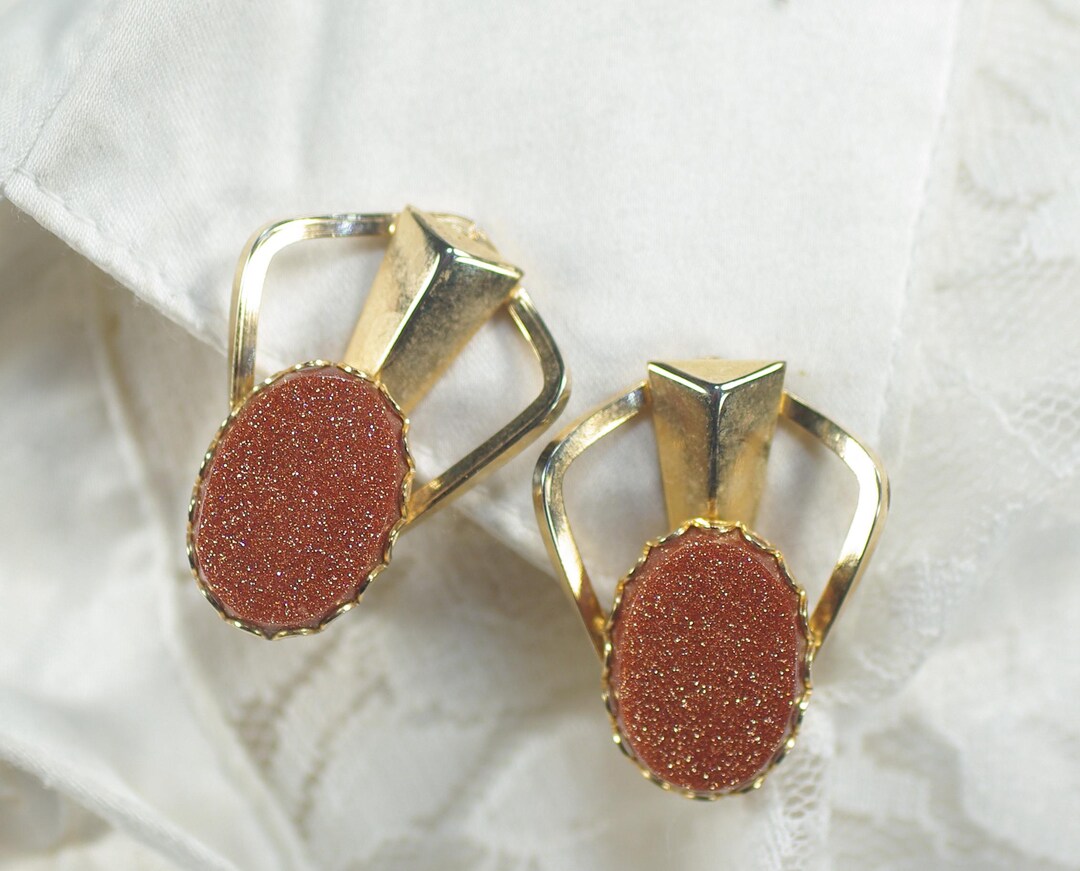 Art Deco Style Brown Goldstone Clip Earring, Avant Garde Gold Gemstone ...