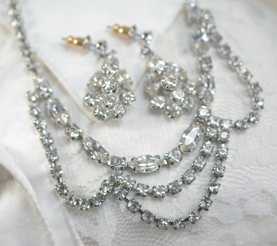 Vintage Clear Rhinestone Swag Necklace Set, Wedding Crystal Necklace ...