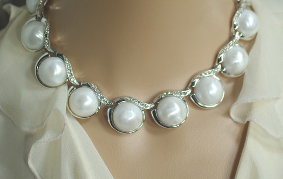 Coro White Dome Pearl Adjustable Necklace Clear Rhinestone Silver Link Pearl Necklace Under 35 Coro Wedding Birthday Graduation Necklace Etsy