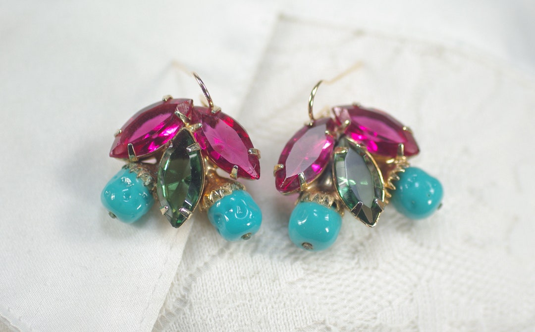 Multi Colored Rhinestone Earrings, Juliana Style Pink Green Marquis ...