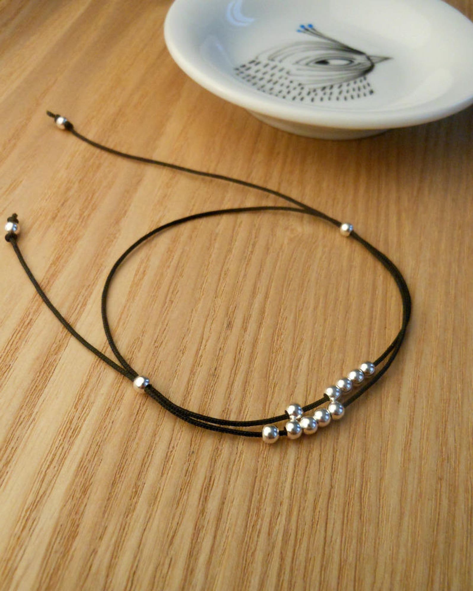 Black Cord Bracelet With Sterling Silver Beads 3 Mm, Dainty Beaded ...