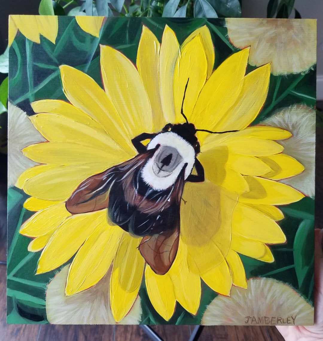 Original Bumblebee Acrylic Painting: Cheerful Garden Wall Art (12x12 ...