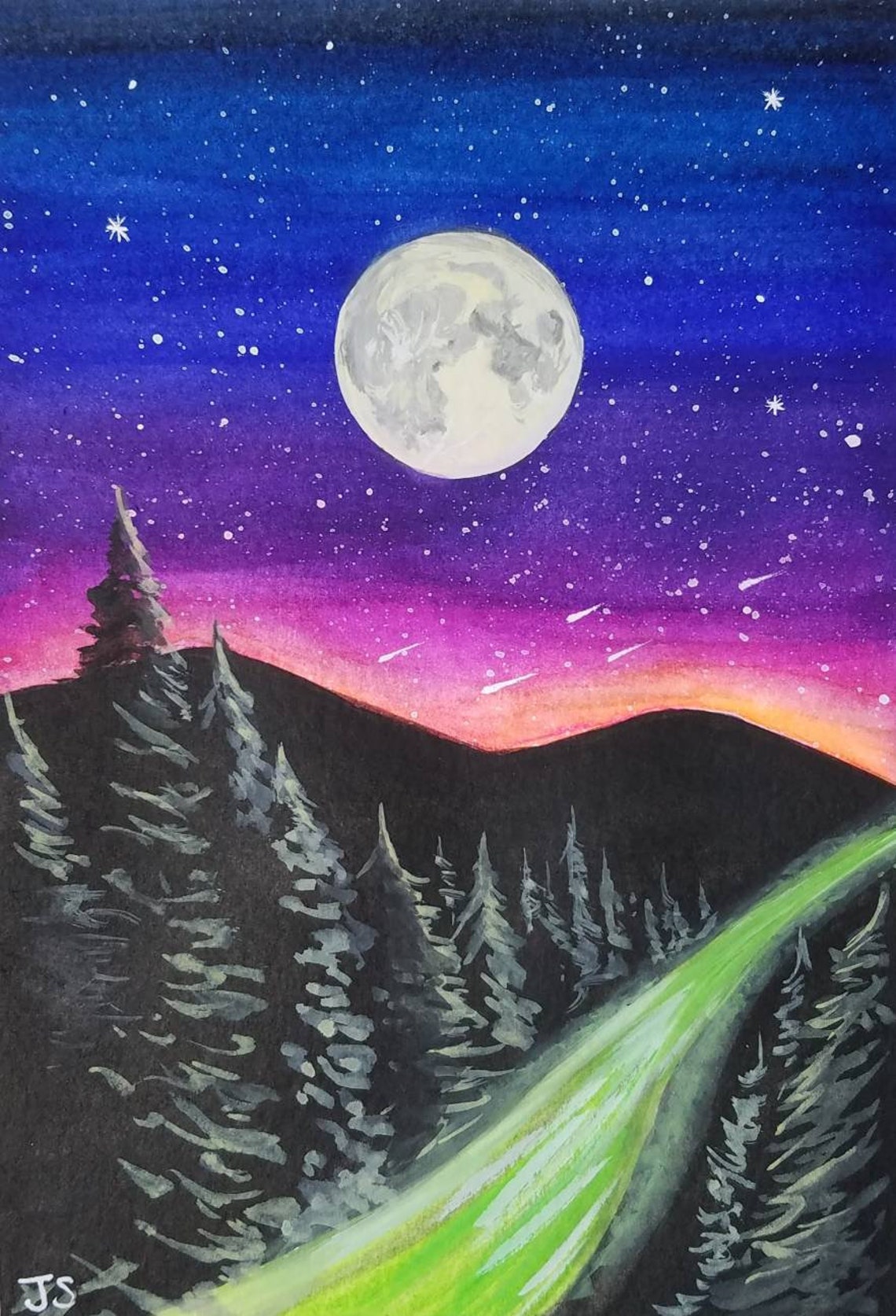 Night Sky Painting Original Moon and Forest Wall Art Fantasy - Etsy