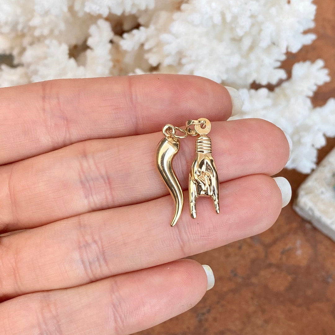 10KT Yellow Gold 25MM Italian Mano Cornuto + Horn Corno Pendant Charms ...