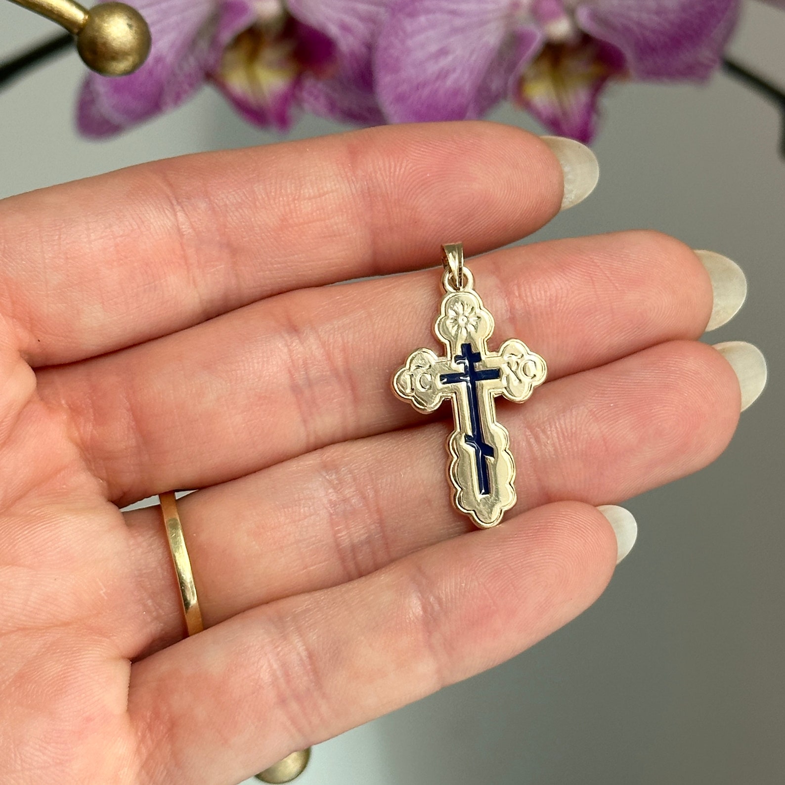 14KT Yellow Gold Eastern Orthodox Cross + Blue Enamel Detailed Pendant ...