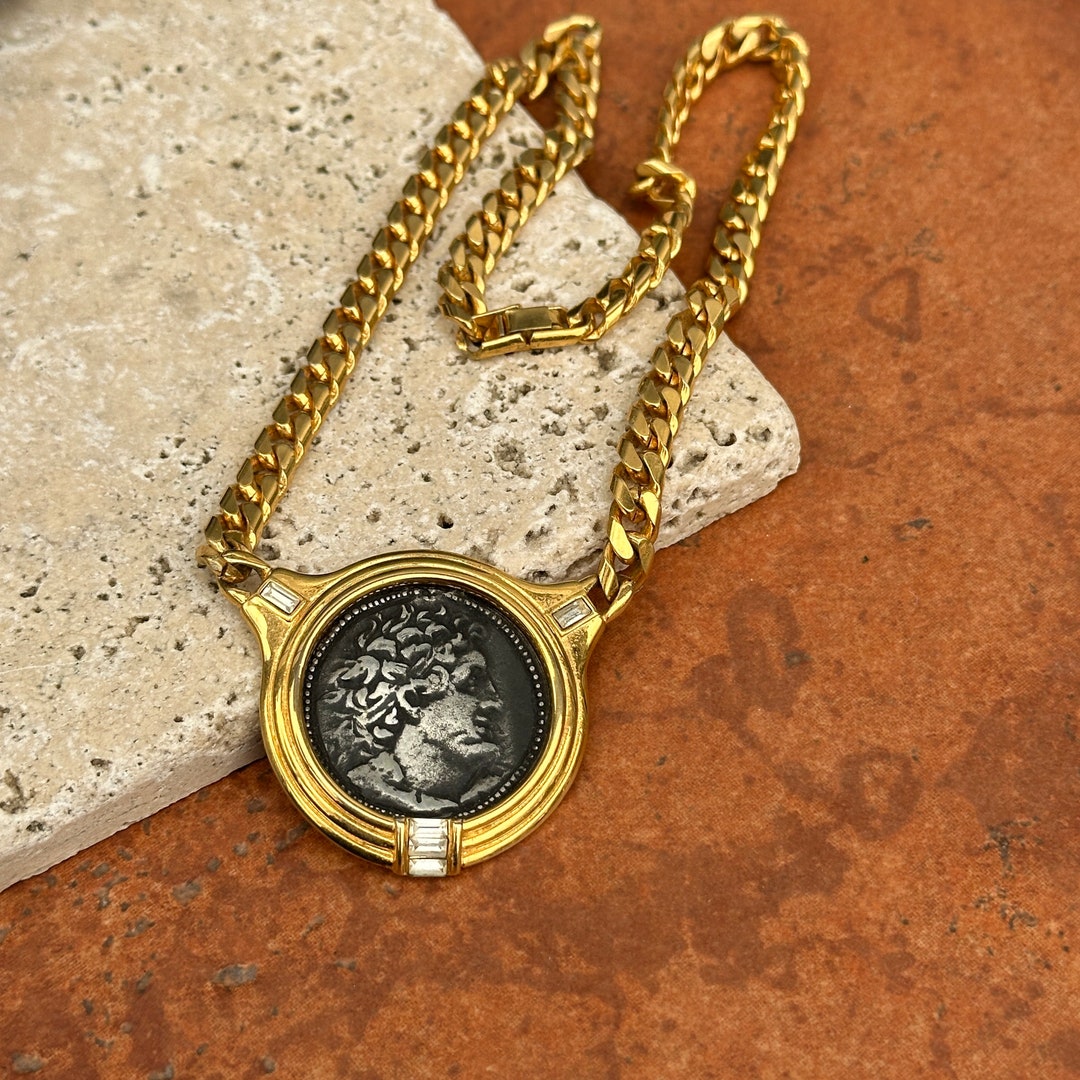 Vintage Gold-tone Curb Chain Ancient Replica Roman Coin + White Stones ...