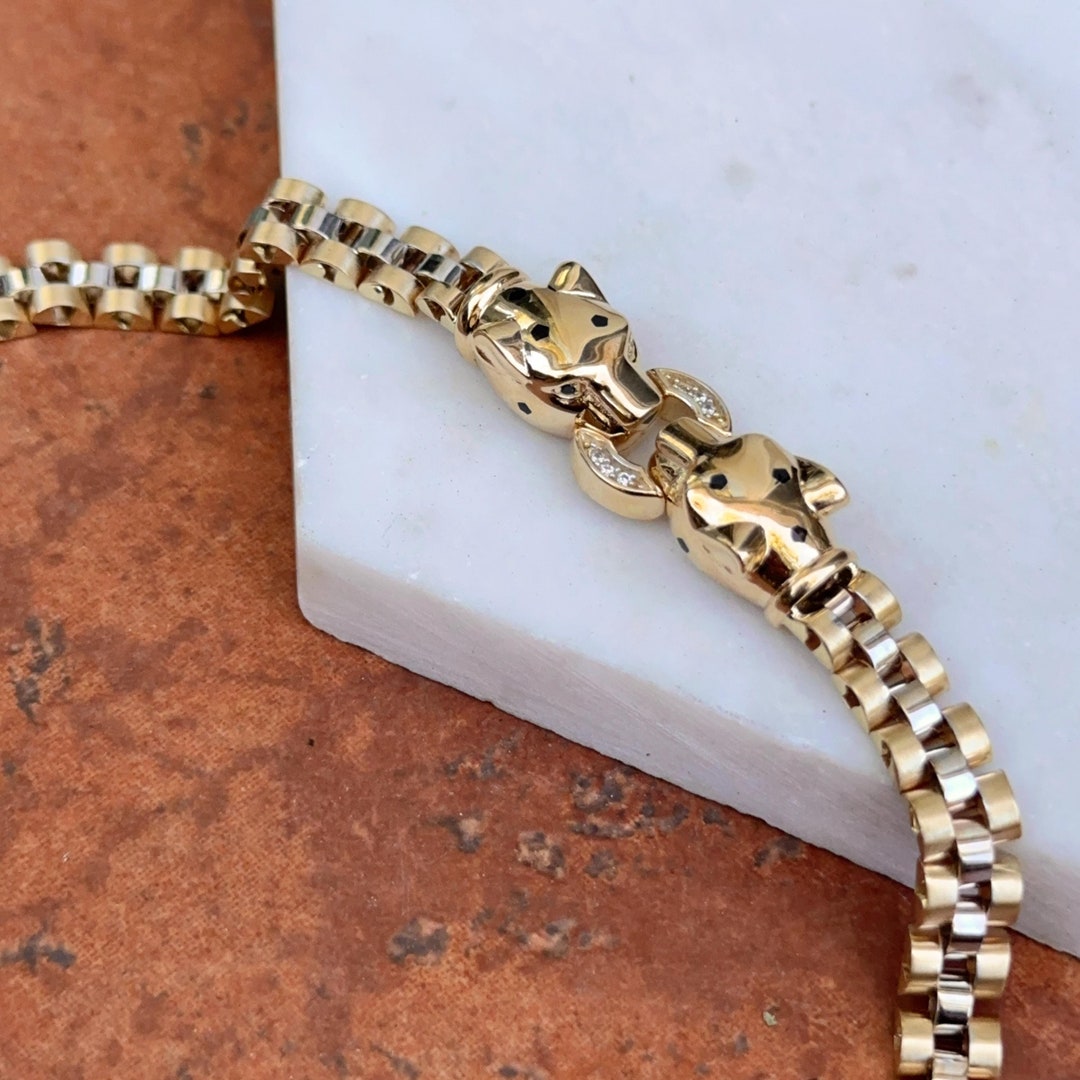 14KT Yellow Gold Pave CZ Double Panther Head Watch Link Chain Bracelet ...