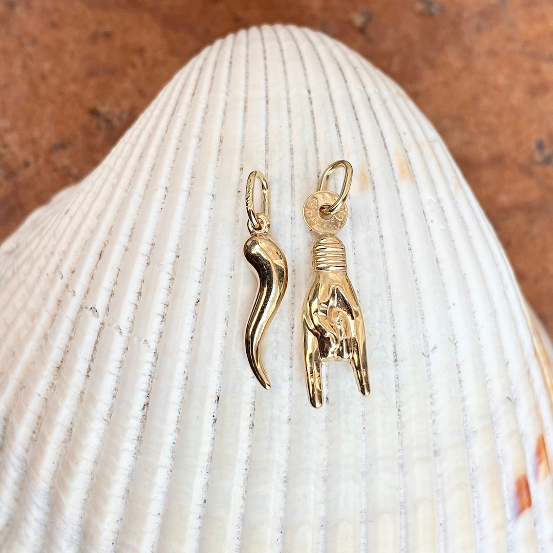 14KT Yellow Gold Italian Mano Cornuto + Horn Corno Pendant Charms SET ...