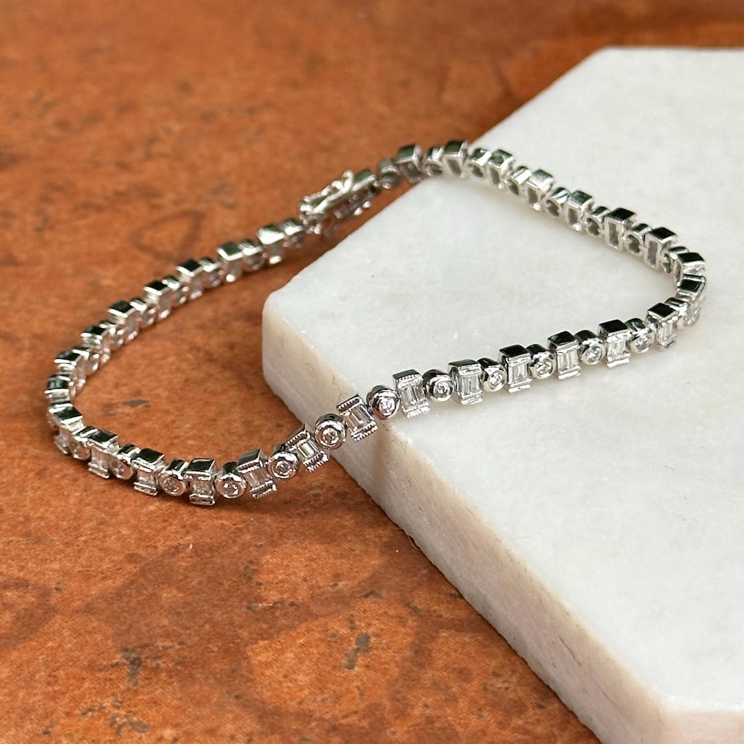 Estate 18K White Gold 7inch Round and Baguette Diamond Bracelet With ...