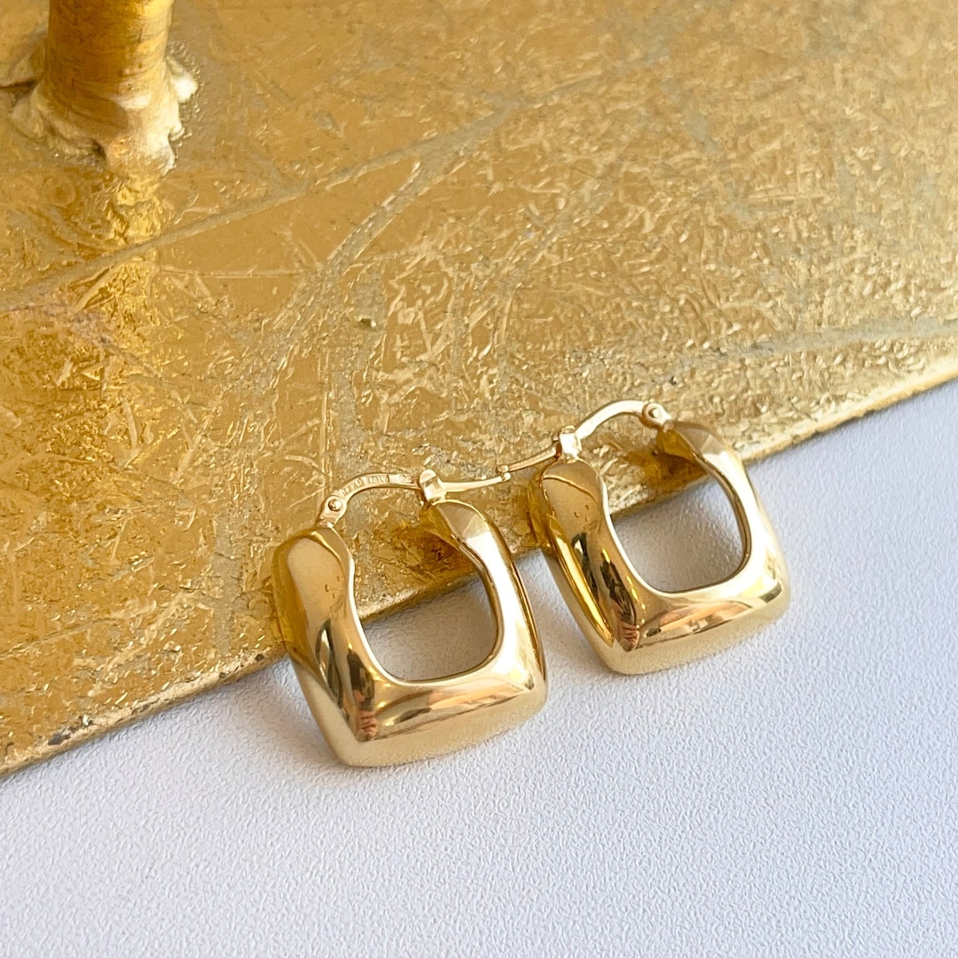14KT Yellow Gold Square Shape Small Hoop Earrings NEW 20mm Geometric - Etsy