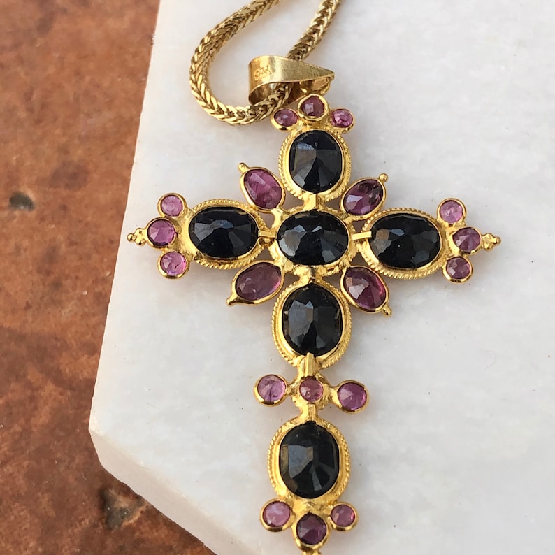 Estate 18KT Yellow Gold Blue Sapphire Ruby Ornate Cross | Etsy