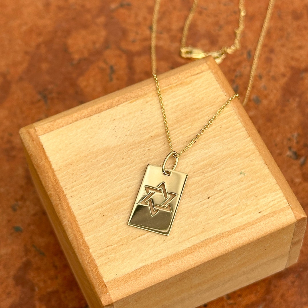 14KT Yellow Gold Rectangle Dog Tag Cut-out Star of David Pendant Charm ...