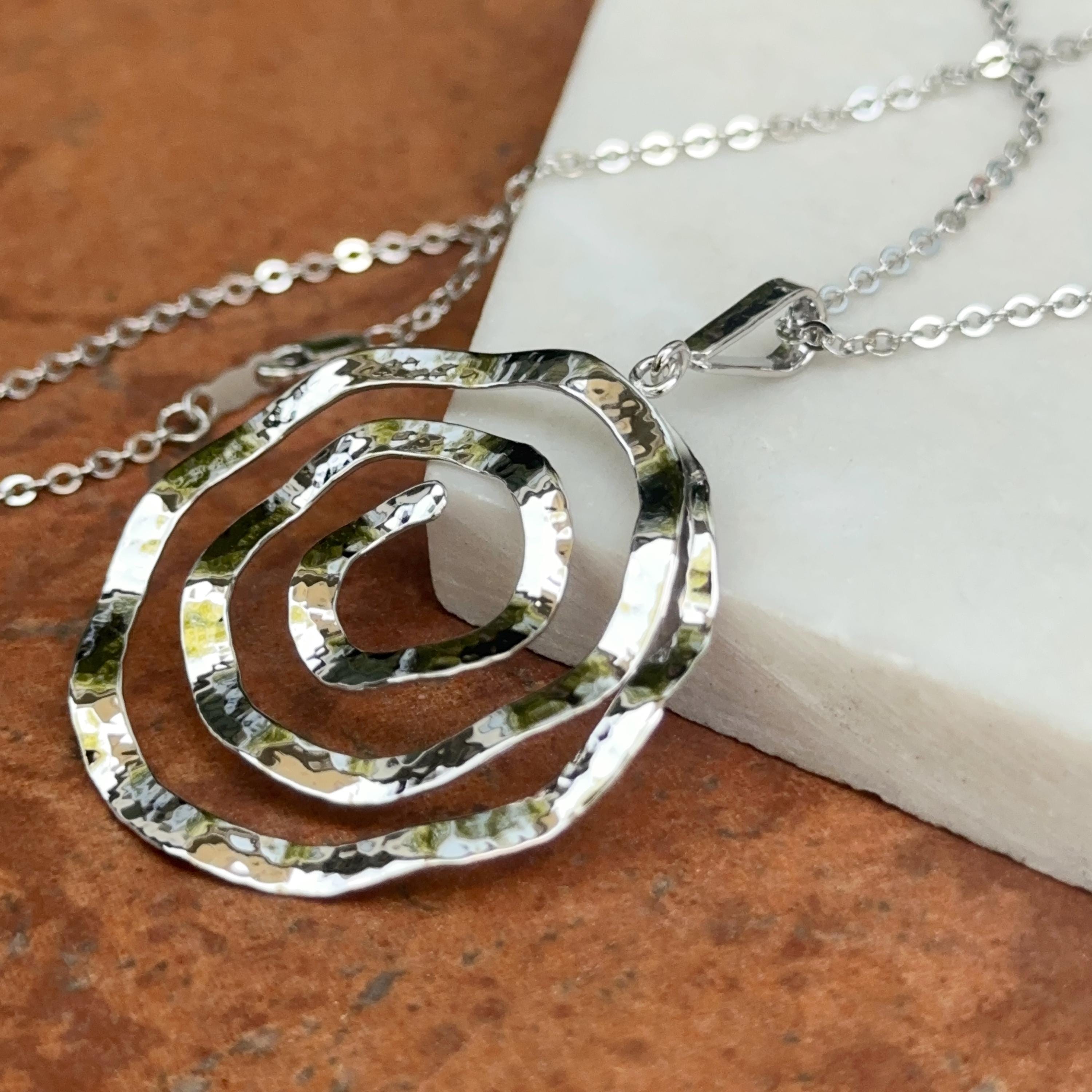 Sterling Silver Large Hammered Circle Swirl Pendant Chain Necklace ...