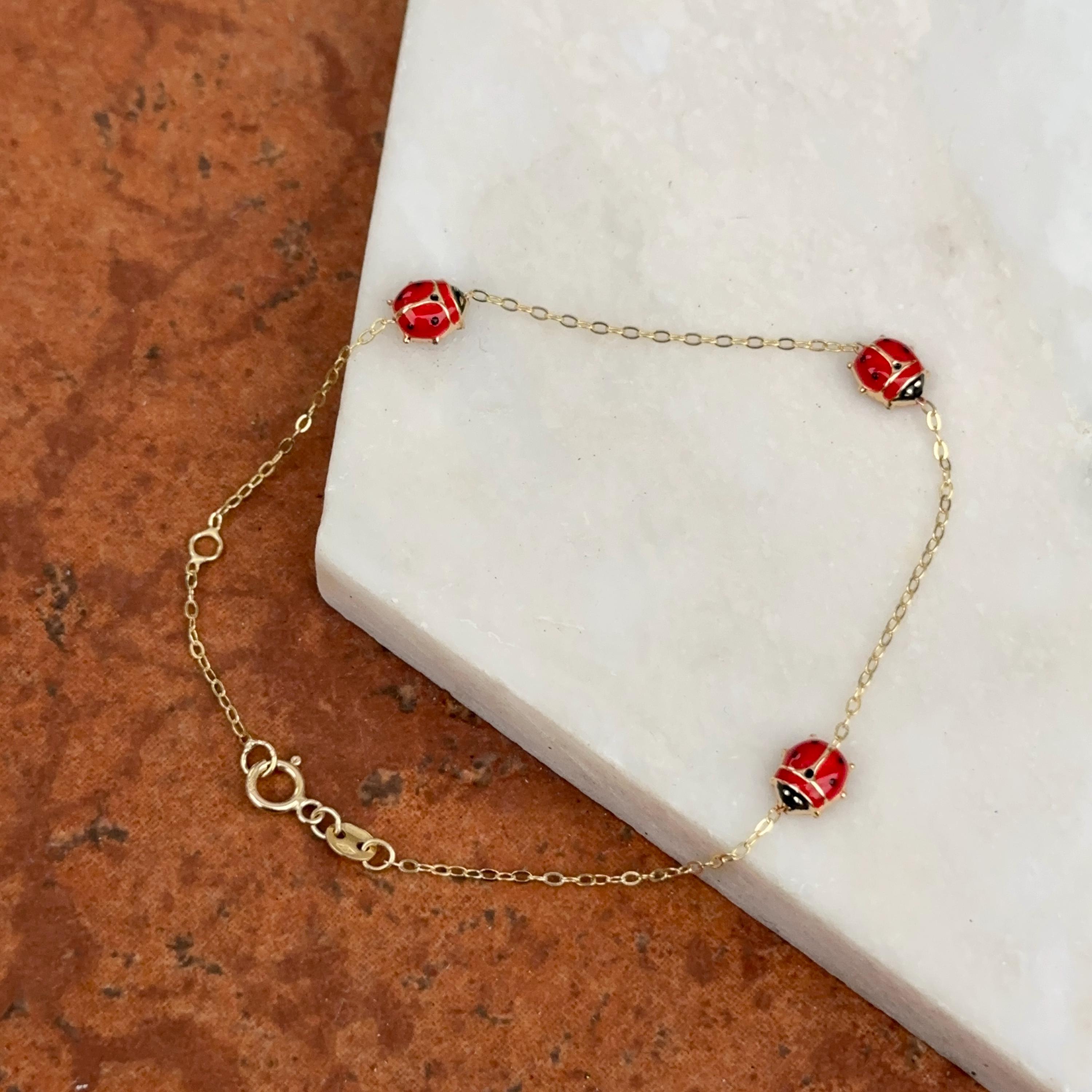 14KT Yellow Gold Triple Red Ladybug Charm Station Chain Bracelet Good ...