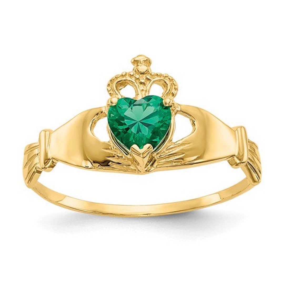 14KT Yellow Gold Shiny Green Heart CZ Stone Claddagh - Etsy