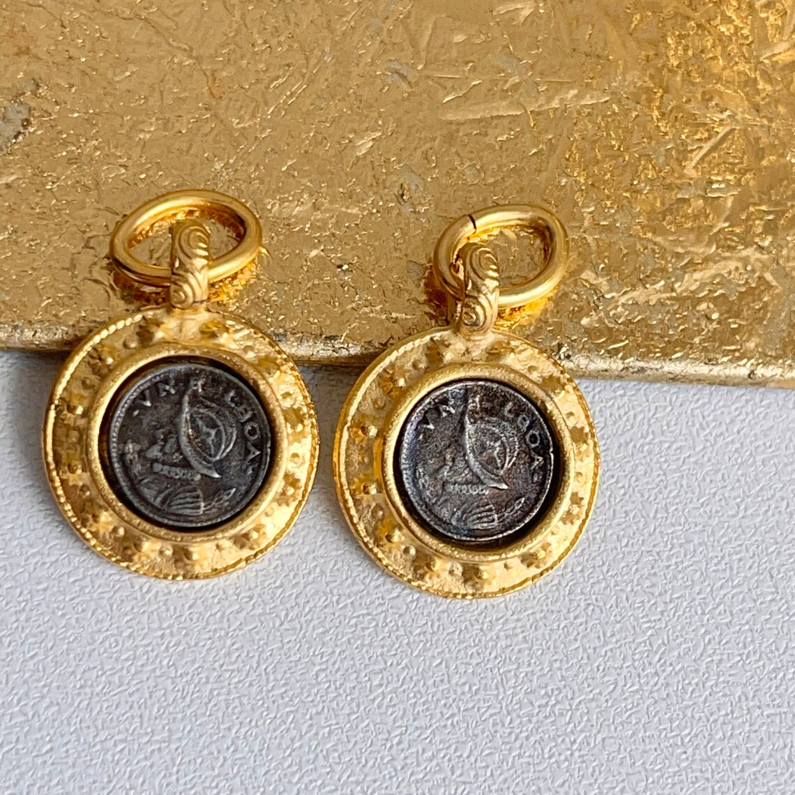Yellow Gold-tone Detailed Faux Coin Shaped Round Dangle Earring Charms ...